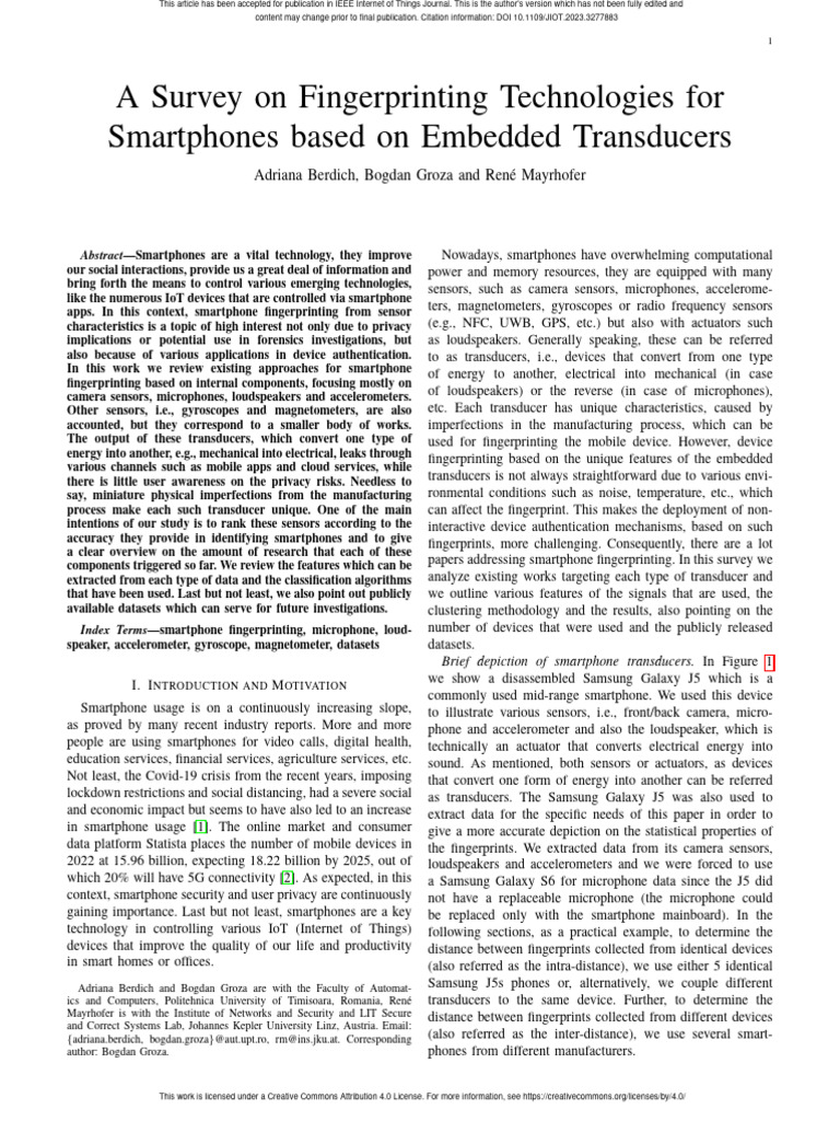 A Survey on Fingerprinting Technologies for Smartphones Based on Embedded Transducers | PDF ...