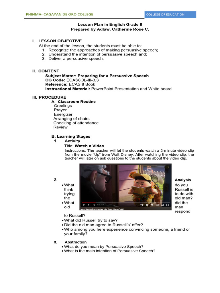 Grade 8 Persuasive Speech Guide | PDF | Persuasion | Lesson Plan