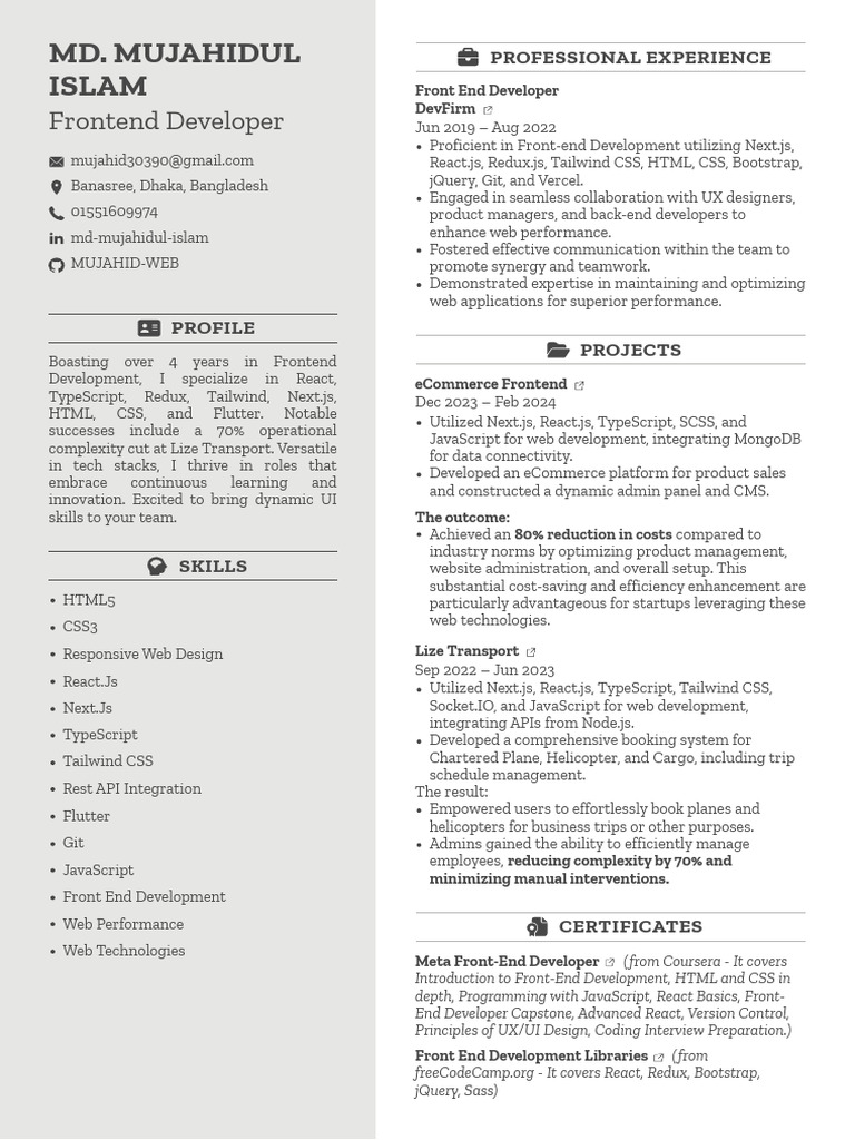 Resume Of Mujahid Pdf Bootstrap Front End Framework Java Script 2486