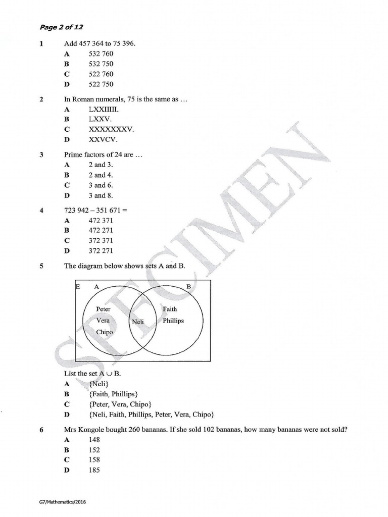 g7 Maths 2016specimen | PDF