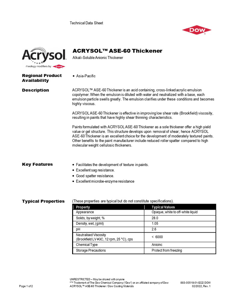 ACRYSOL™ ASE-60 Thickener Technical Data Sheet (Asia-Pacific) - 883 ...