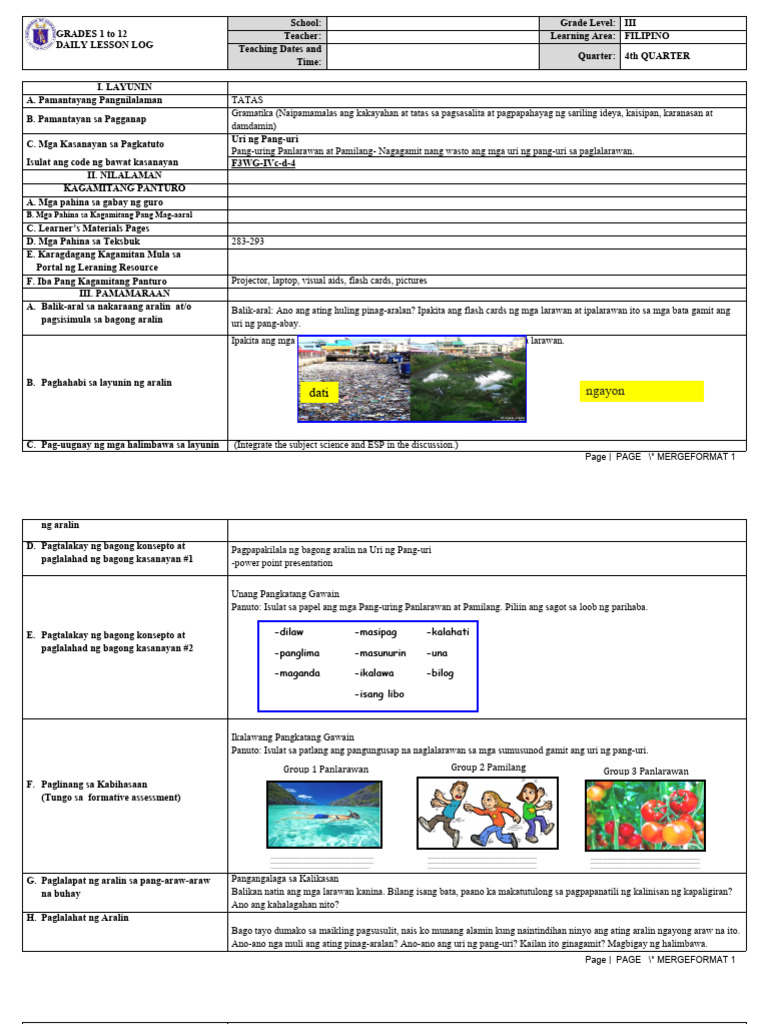 Detailed Lesson Plan-Uri NG Pang-Uri | PDF