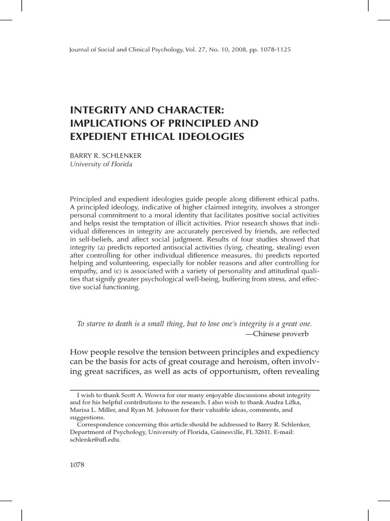 Schlenker - Integrity & Character - JSCP - 2008 | PDF | Integrity ...