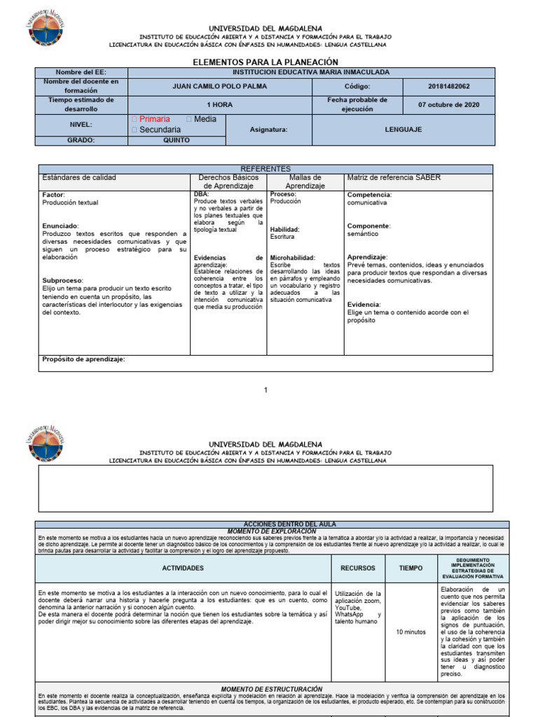 Plan de Clase | PDF | Aprendizaje | Evaluación