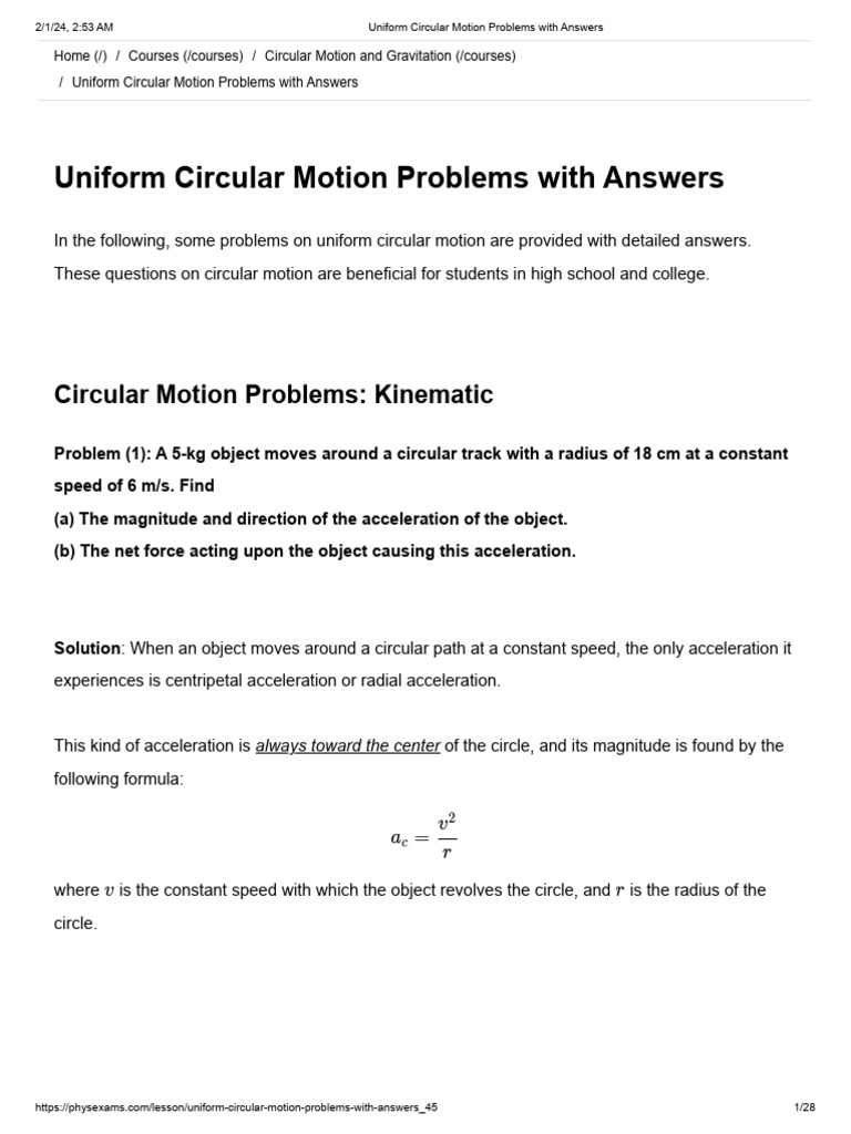 Uniform Circular Motion Problems With Answers | PDF | Acceleration | Force