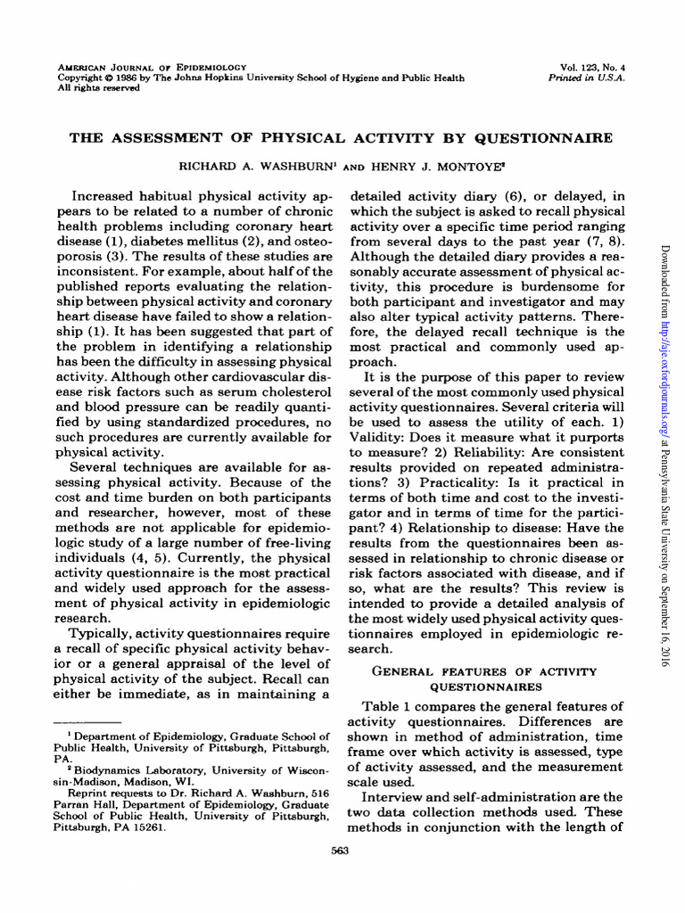 The Assessment of Physical Activity by Questionnaire: Printed in U.SA ...