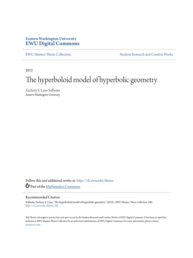 The Hyperboloid Model of Hyperbolic Geometry | PDF | Line (Geometry) | Non Euclidean Geometry