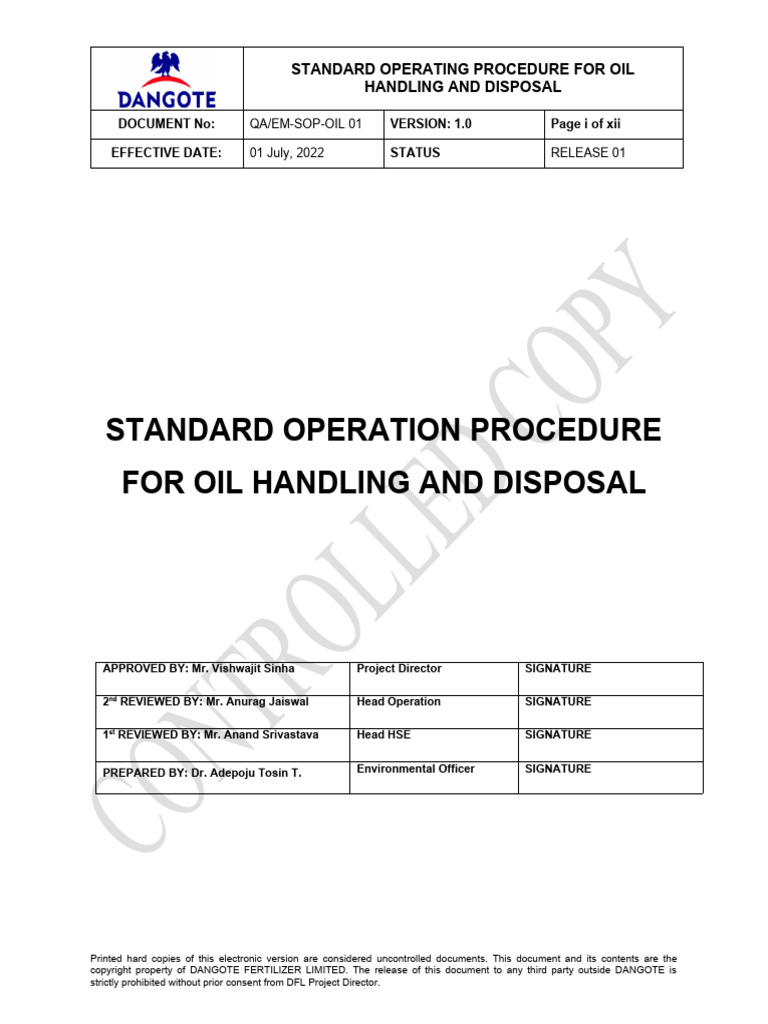 SOP FOR DFL OIL HANDLING AND DISPOSAL | PDF | Petroleum | Lubricant