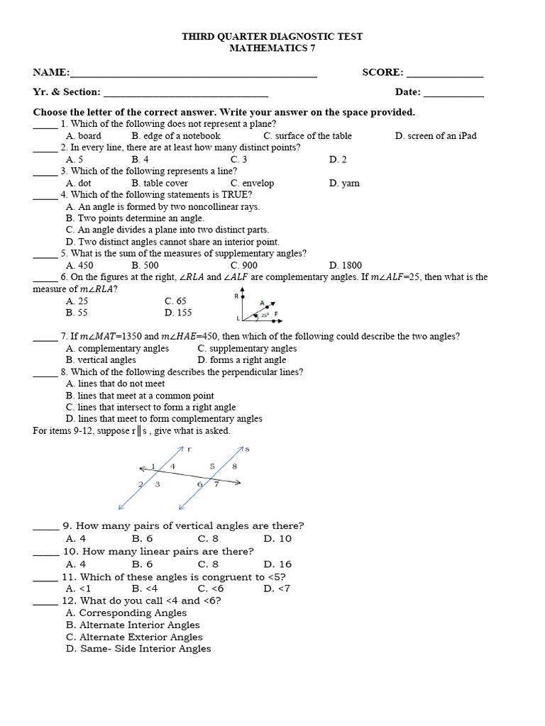 Mathematics 7 Diagnostic Test Q3 | PDF | Angle | Perpendicular
