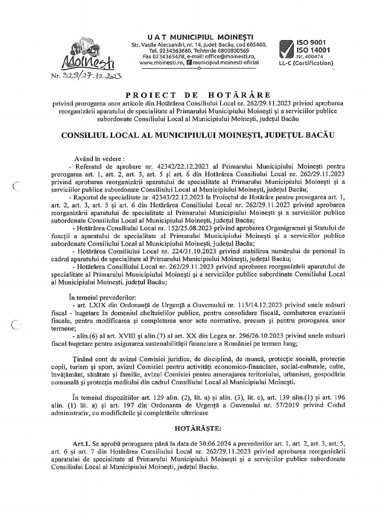 Hotarare CL 329 / 2024 Moinesti Jud. Bacau | PDF