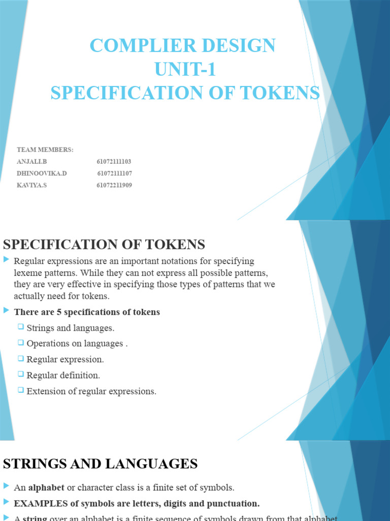 SPECIFICATION OF TOKENS - Unit 1 | PDF | String (Computer Science) | Regular Expression