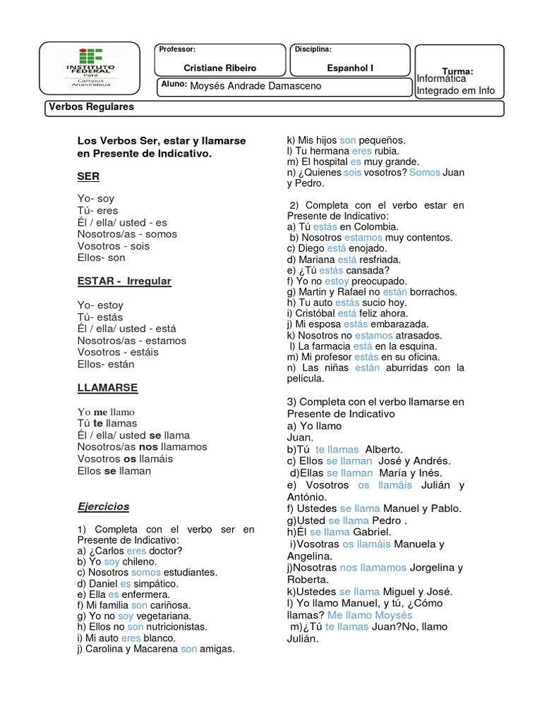 Ejercicios de Verbos en Español | PDF
