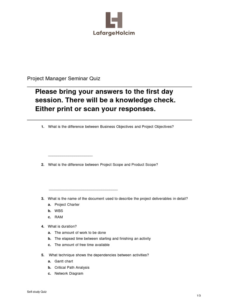 Project Manager Seminar Quiz | PDF | Project Management | Business