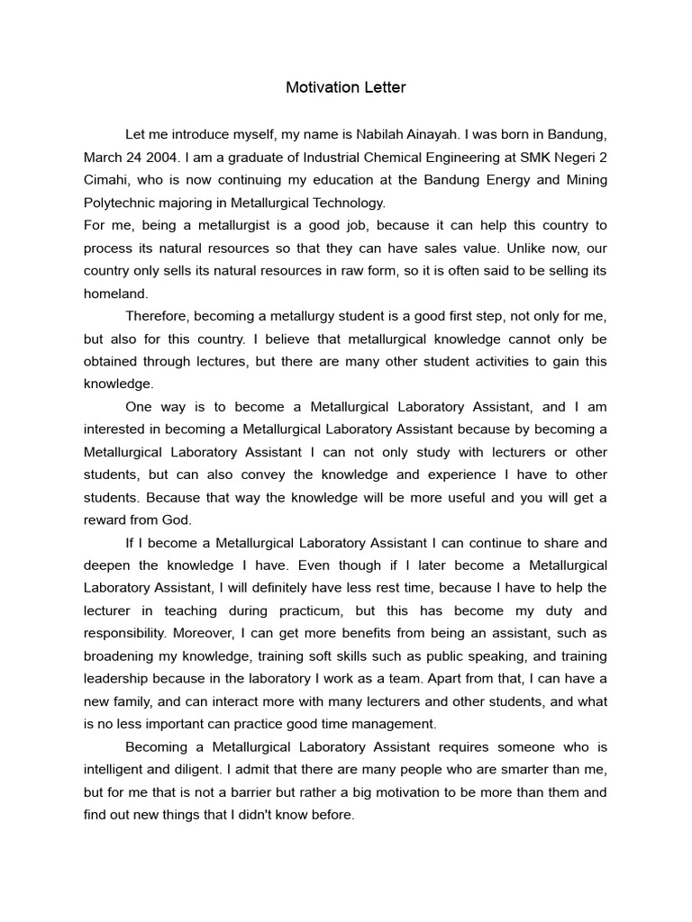 Metallurgical Assistant Motivation Letter | PDF | Metallurgy | Cognition