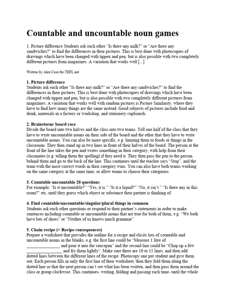 Countable and Uncountable Noun Games | PDF | Linguistic Typology ...