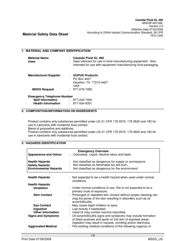 Cassida Fluid GL 460 Safety Data | PDF | Personal Protective Equipment | Toxicity
