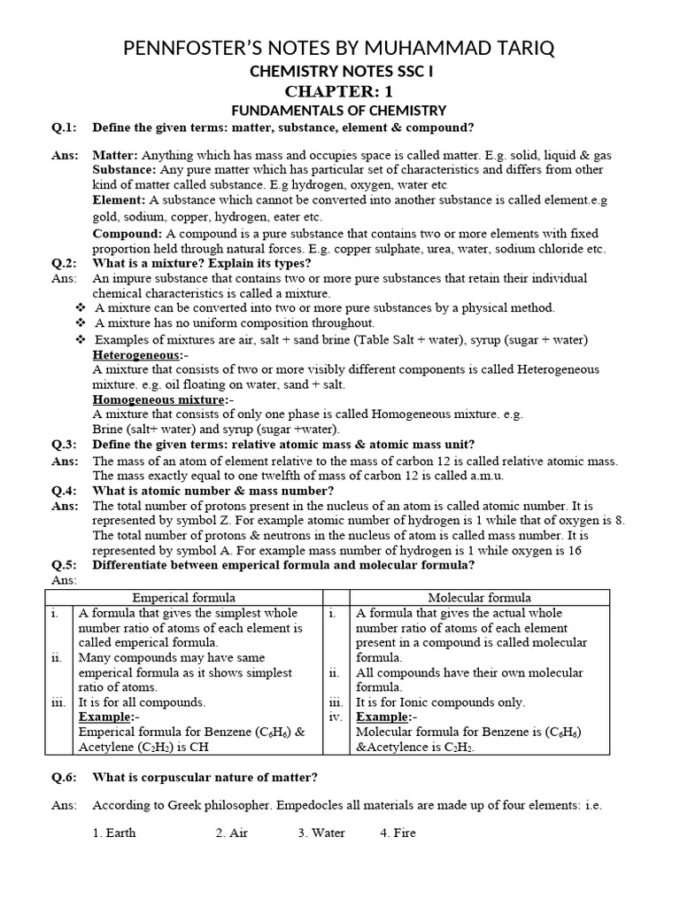 Chemistry Notes Class 9 | PDF | Ion | Mole (Unit)