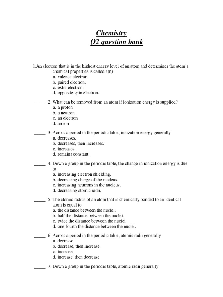 Questions Sheet For Quarter 2 Chemistry | PDF | Chemical Bond | Ion
