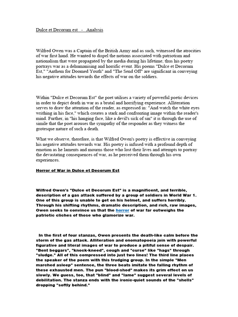 Analysis Dulce Et Decorum Est | Download Free PDF | Poetry