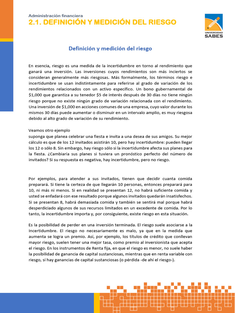 2.1. Definición y Medición Del Riesgo | PDF | Desviación Estándar ...