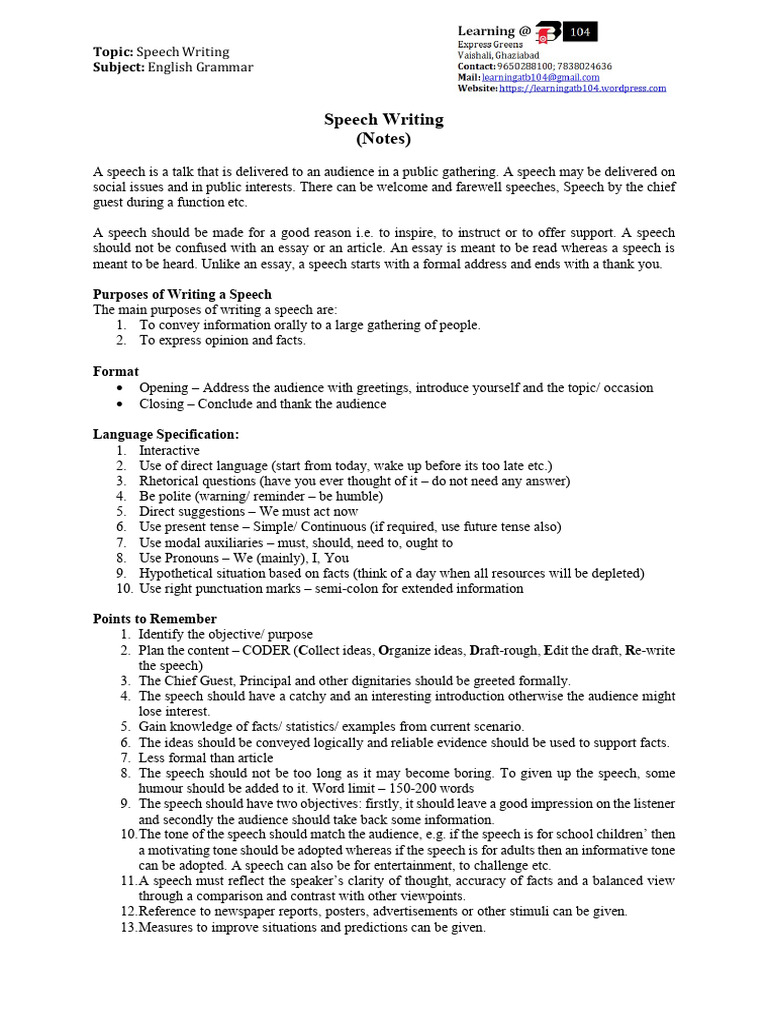 Speech Writing Notes | PDF | Speech | Grammatical Tense