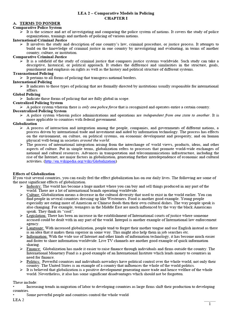 LEA 2 - Comparative Models in Policing (Chapter 1) | PDF | Globalization | Illegal Drug Trade