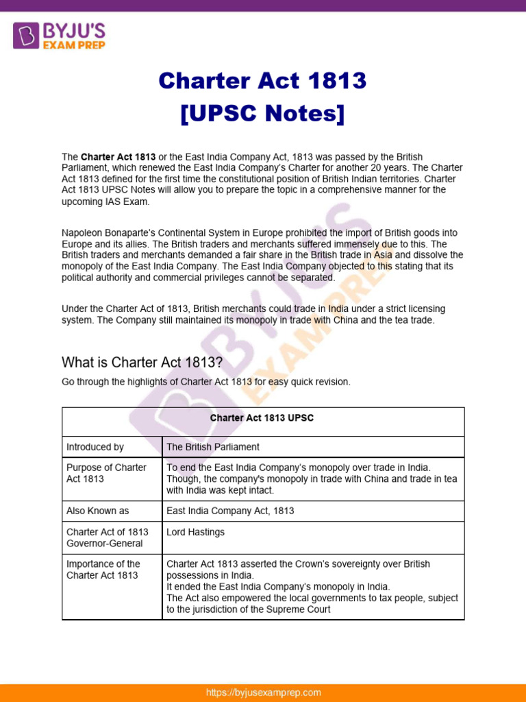 Charter Act 1813 Upsc Notes 45 | PDF | East India Company | British Empire