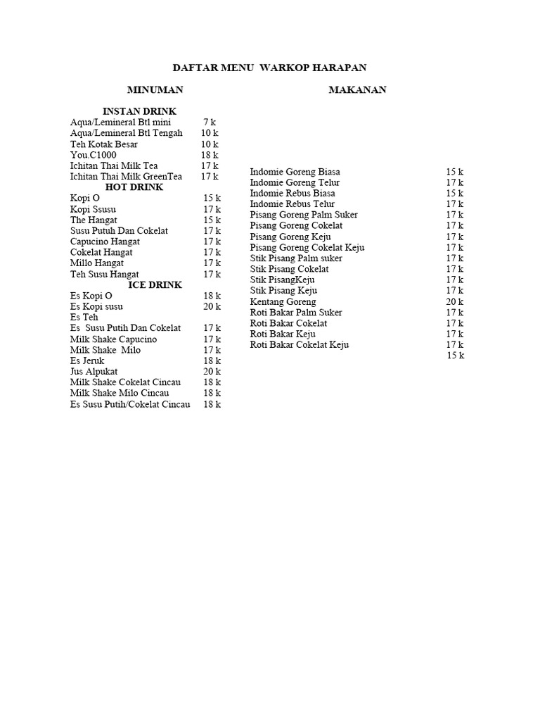 DAFTAR MENU Warkop Harapan | PDF