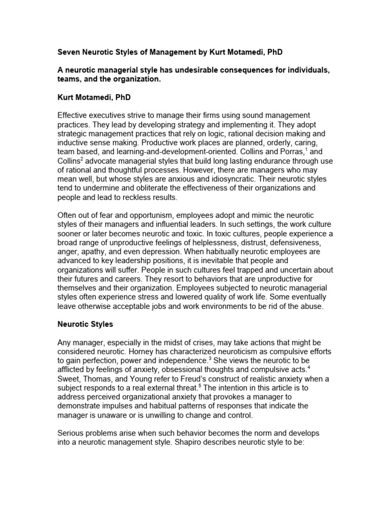 Neurotic Styles MGMT 112106 ND FINAL2 GBRWo Indents | PDF | Leadership ...
