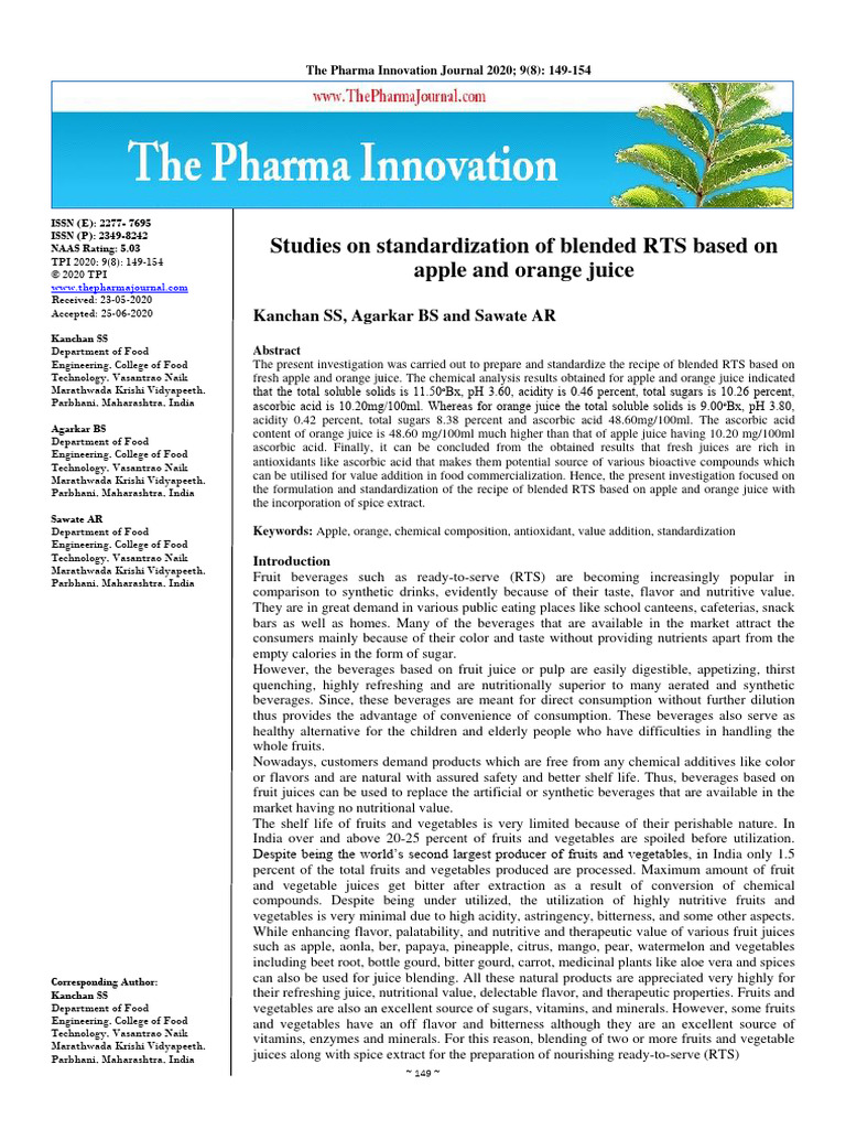 Standardization of Apple-Orange RTS Juice | PDF | Diet & Nutrition | Juice