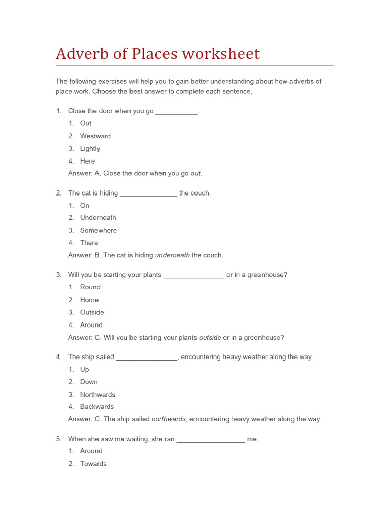 Adverb of Places Worksheet | PDF | Subject (Grammar) | Grammar