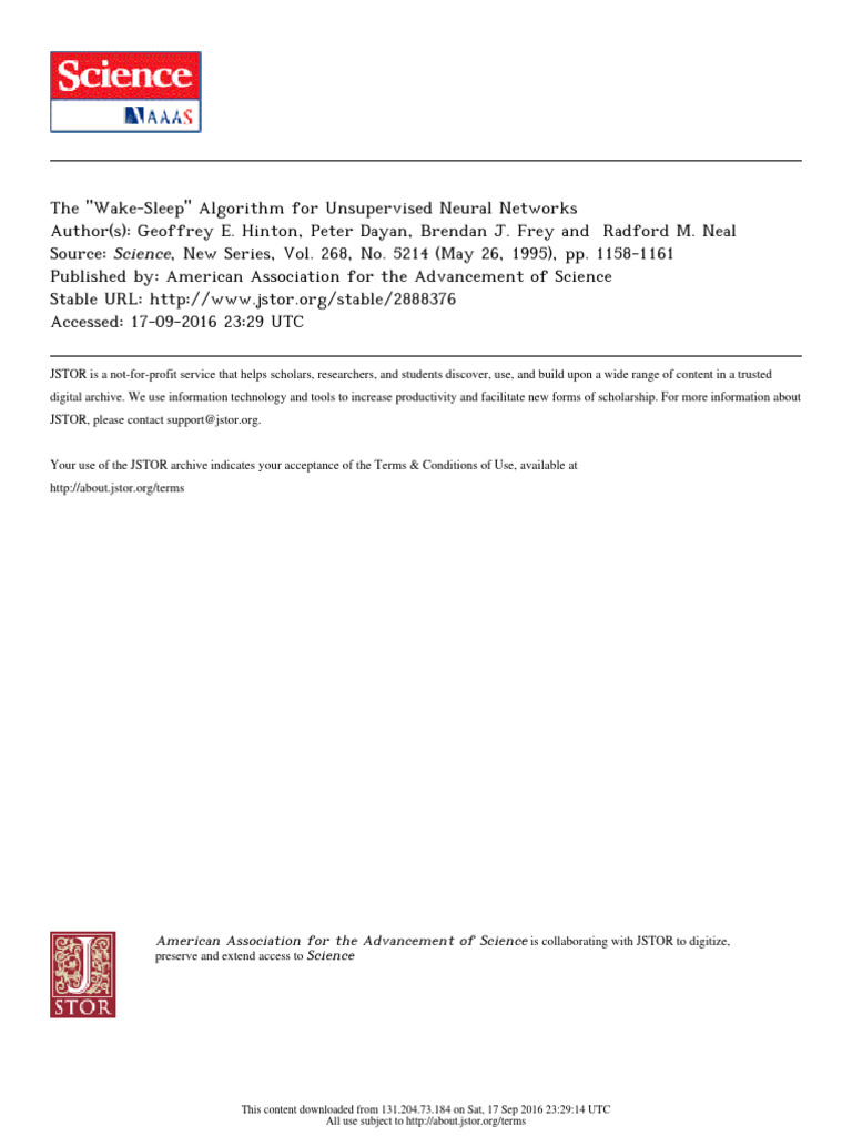 The "Wake-Sleep" Algorithm For Unsupervised Neural Networks | PDF