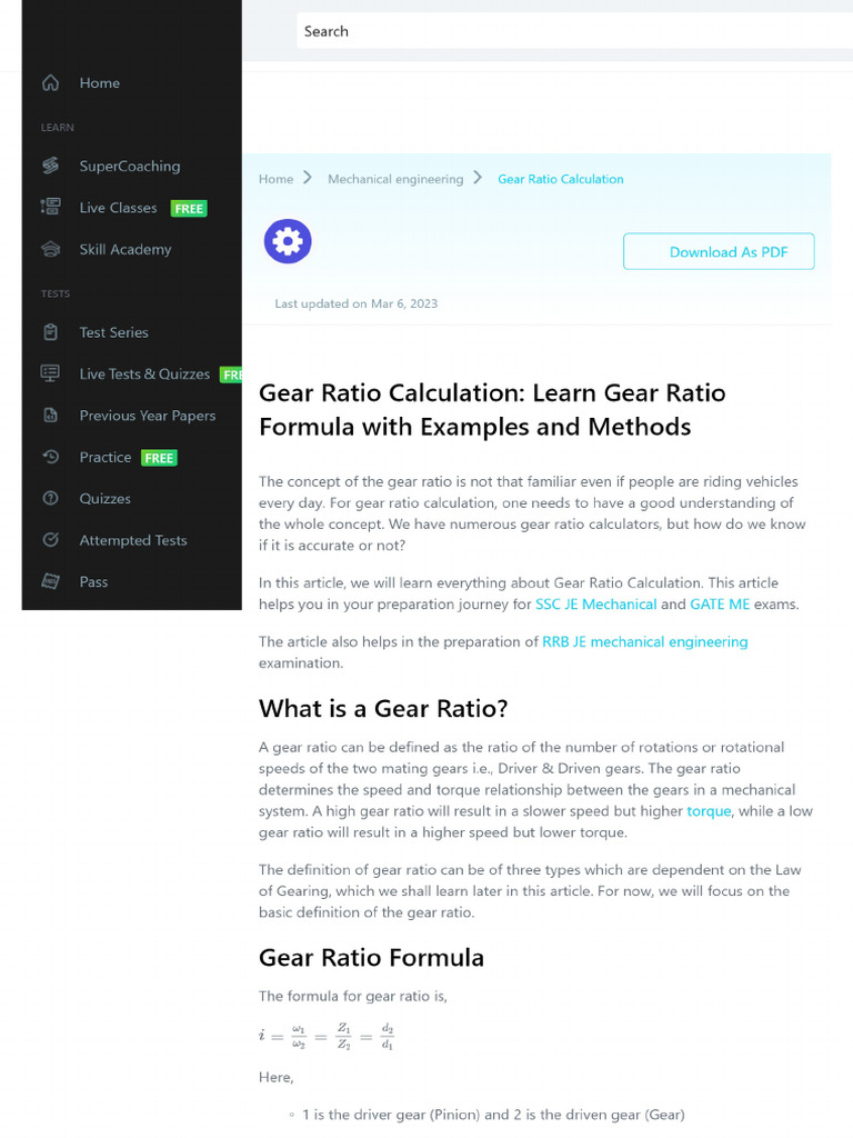 Gear Ratio Calculation - Learn Formula Methods and Examples. 109fa193 | PDF