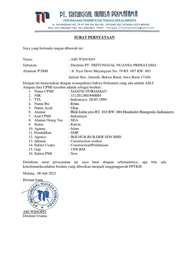 Surat Pernyataan TNP | PDF