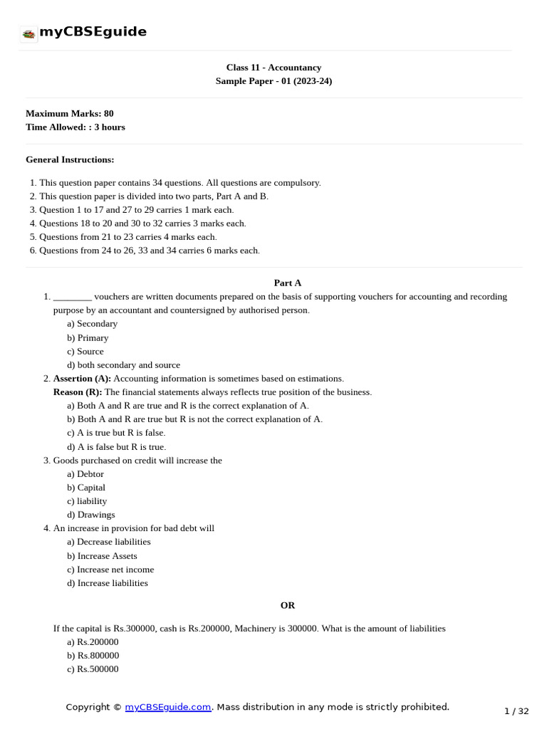 Class XI Accountancy Importaint Questions Sample Paper | PDF | Debits ...