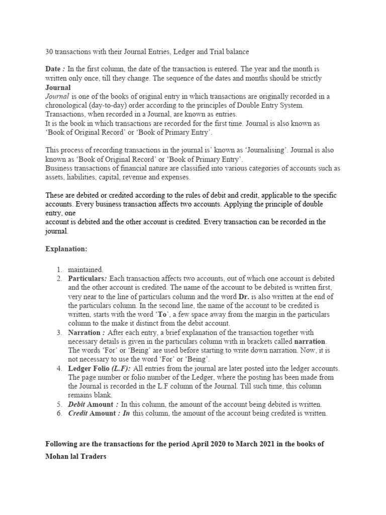 30 Transactions With Their Journal Entries | PDF | Debits And Credits ...