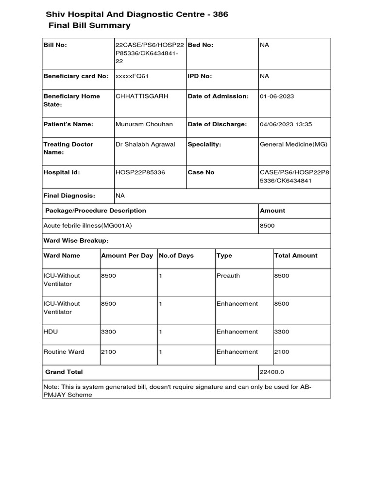 Shiv Hospital Final Bill Summary | PDF