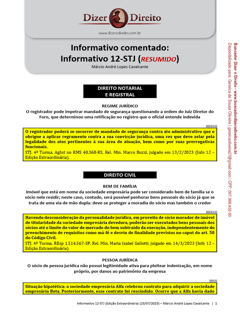 Informativo Comentado: Informativo 12-STJ : Resumido | PDF