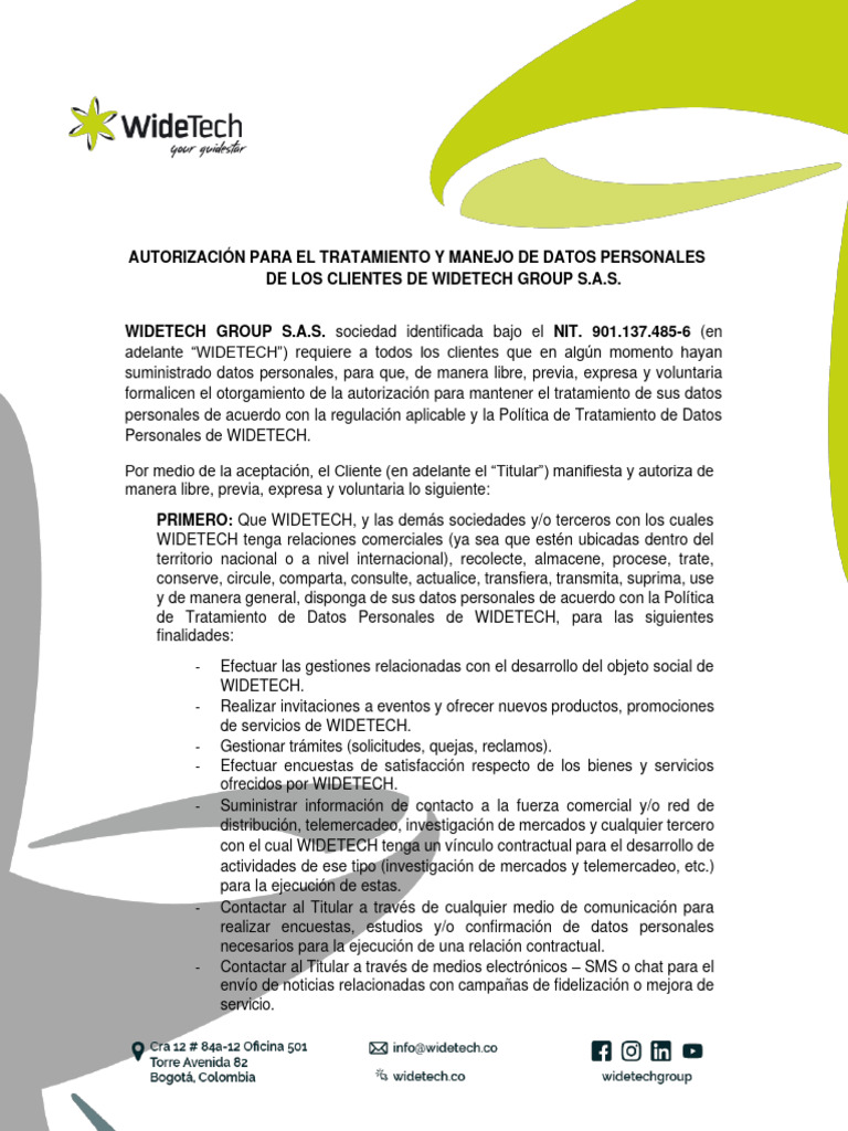 Autorización Tratamiento de Datos WIDETECH GROUP S.A.S. V.F | PDF | Investigación de mercado ...