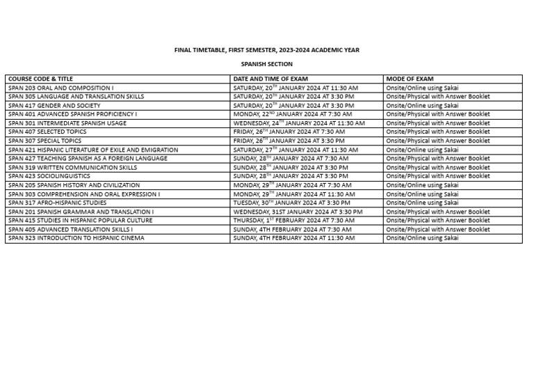 Final Exam Timetable - Spanish Section | PDF