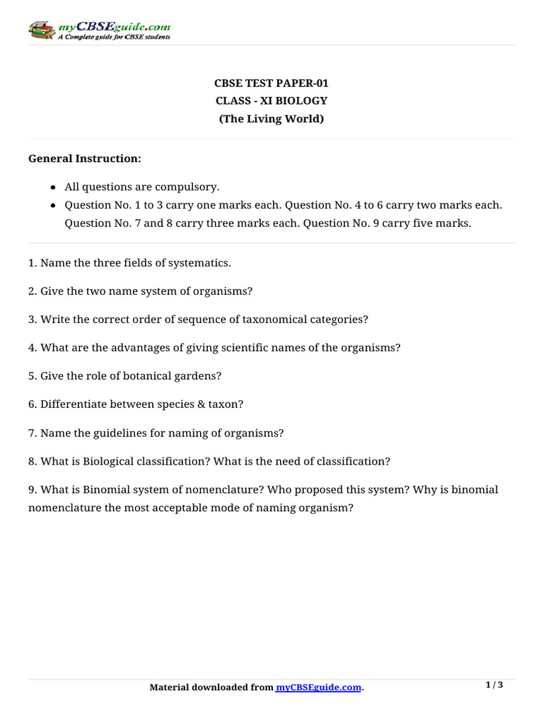 11 Biology Test Paper ch1 1 | PDF | Taxonomy (Biology) | Genus