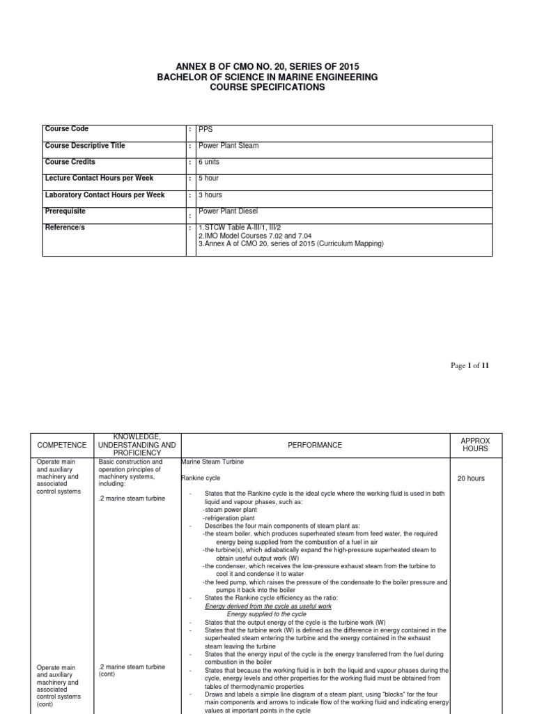 Annex B BSMarE Course Specifications For Powerplant Steam | PDF
