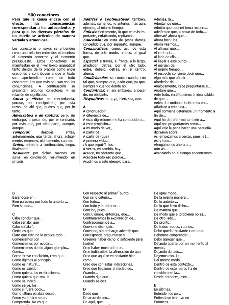 500 Conectores Gramaticales Esenciales | PDF | Verdad | Razón