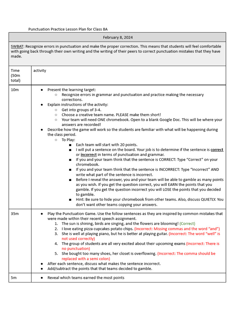 Lesson Plan Punctuation Activity | PDF