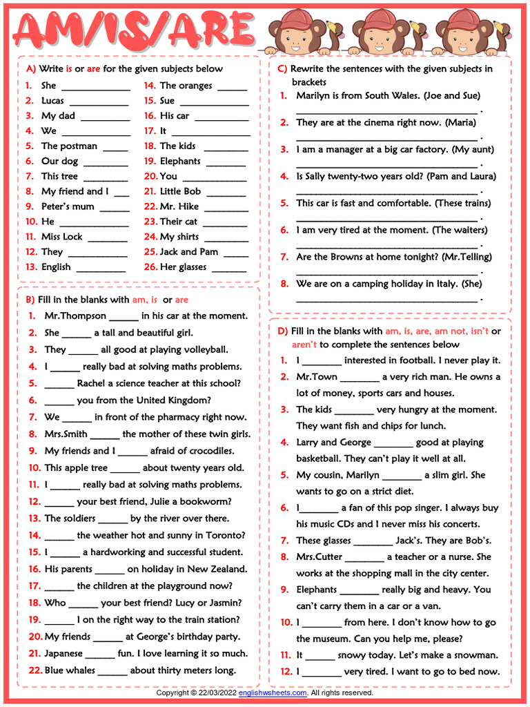 Am Is Are Esl Printable Grammar Test Worksheet Pdf