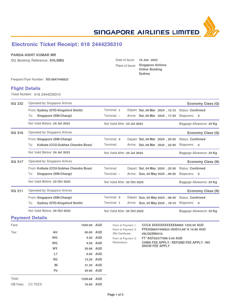 SIA E-Ticket - 618 2444236310 | Download Free PDF | Airlines | Aviation