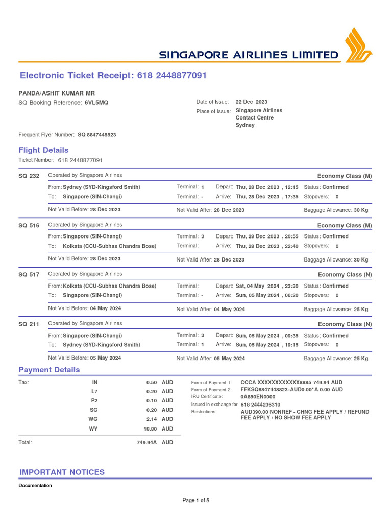 Singapore Airlines E-Ticket Receipt | PDF | Airlines | Aviation