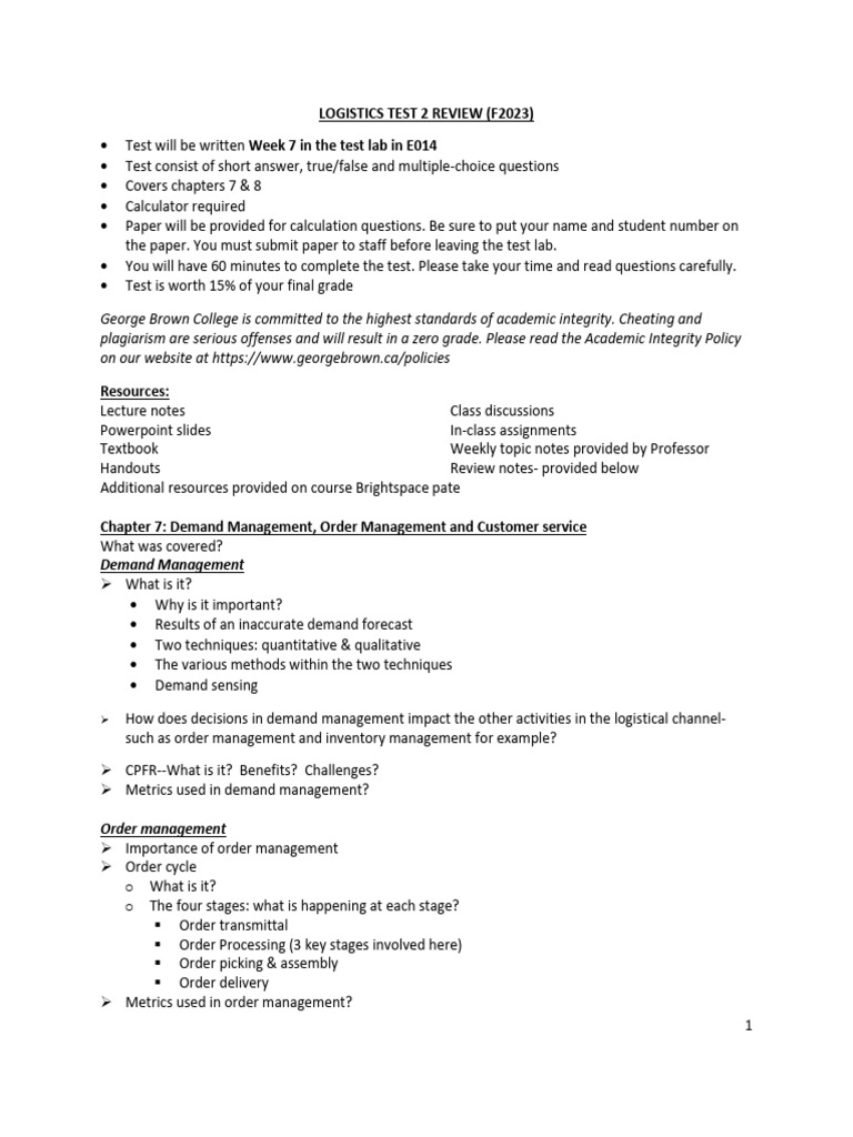Logistics Test 2 Review (F2023) | PDF | Inventory | Supply Chain Management