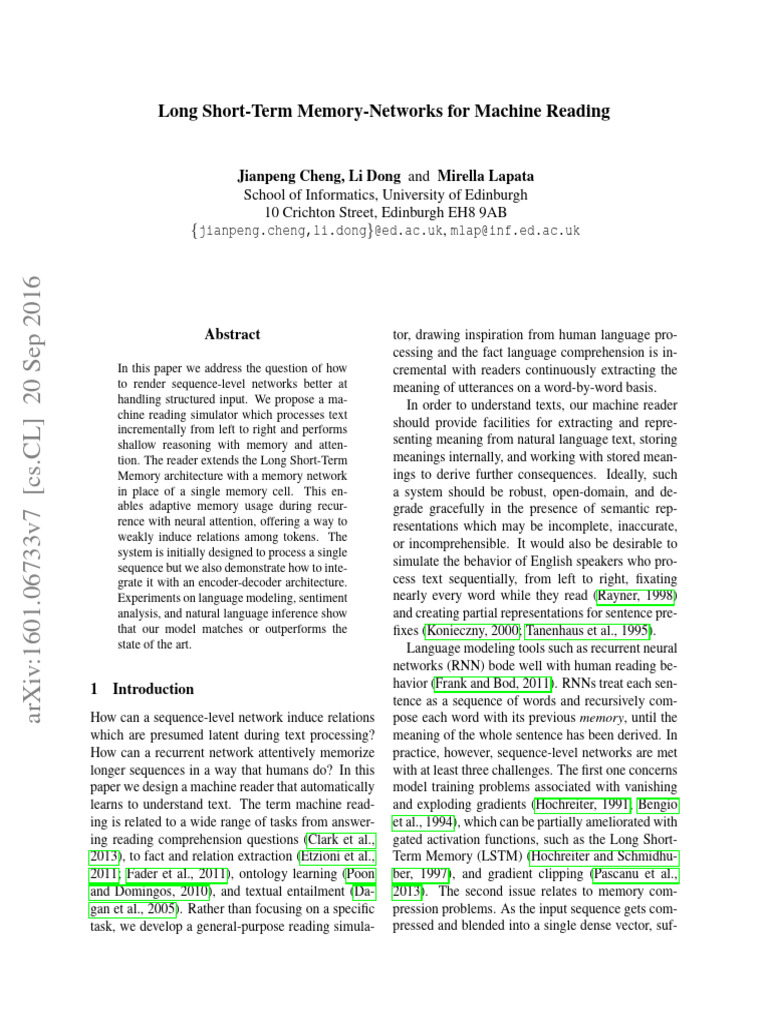 Long Short-Term Memory-Networks For Machine Reading | PDF | Artificial Neural Network | Cybernetics