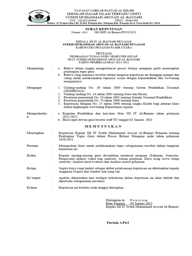 001 SK Pembagian Tugas 2021-2022 | PDF